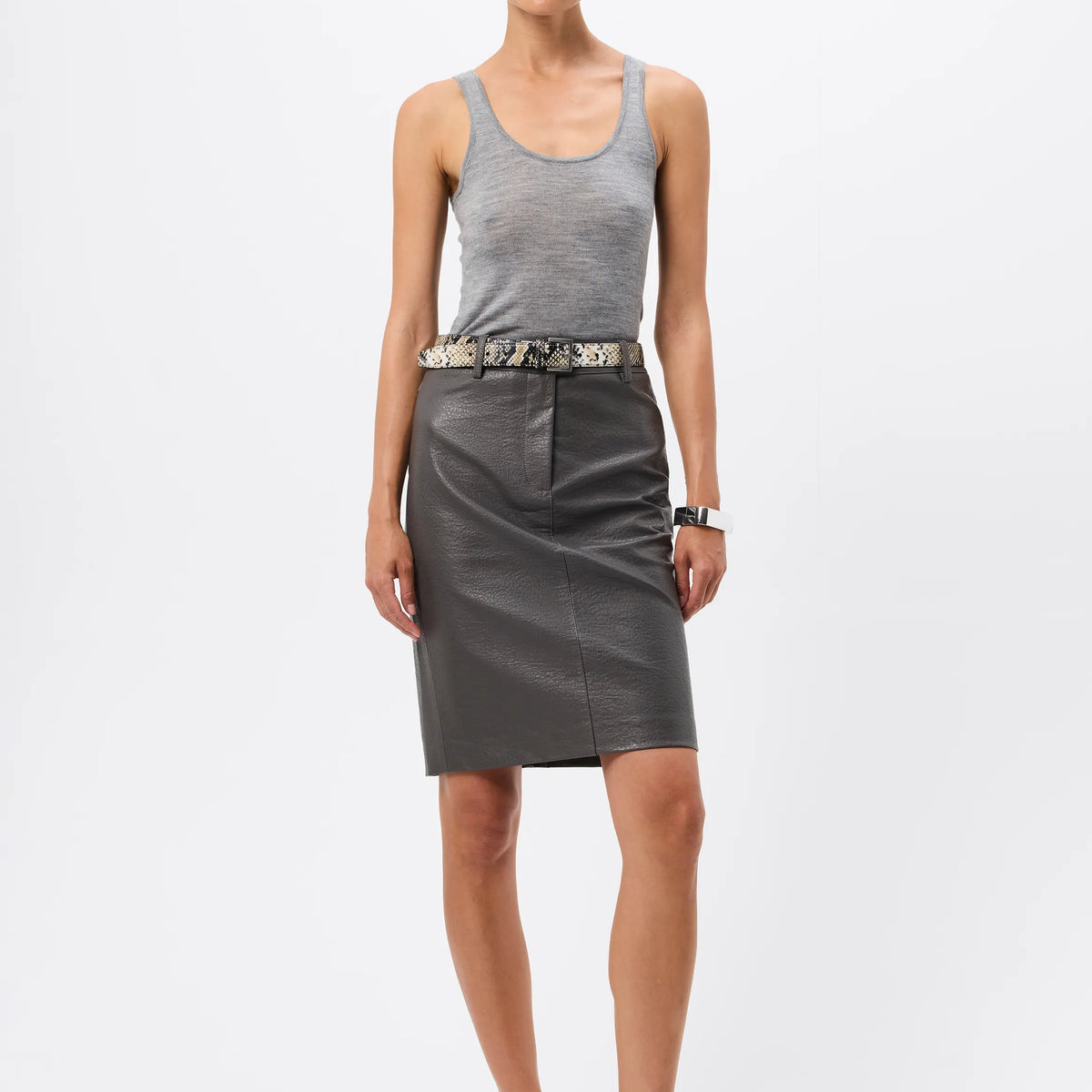 Jordan Pencil Skirt - Mossman | Grey Matte Pebbled Leather Midi Skirt